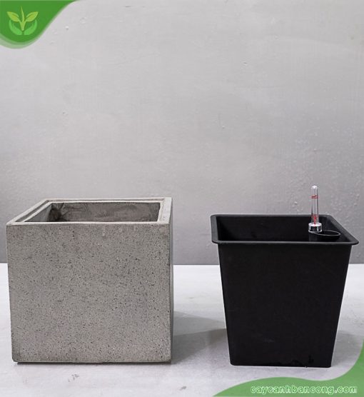 Chậu trồng cây xi măng đá mài tự dưỡng hình vuông màu xám XM009