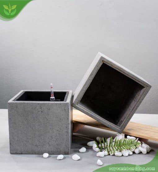 Chậu trồng cây xi măng đá mài tự dưỡng hình vuông màu xám XM009